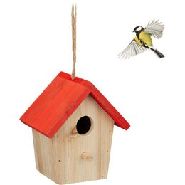 Deko Vogelhaus, Holz, Vogelhäuschen zum Aufhängen, hbt: 16 x 15 x 11 cm, Vogelvilla Garten, Balkon, natur/rot - Relaxdays
