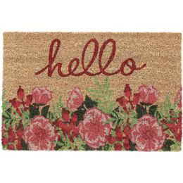 Fußmatte Kokos, Blumen & Hello-Schriftzug, 40 x 60 cm, Türvorleger innen & außen, rutschfest, wetterfest, bunt - Relaxdays
