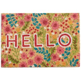 Fußmatte Kokos, Hello Schriftzug & Blumen-Motiv, Türvorleger innen & außen, Kokosmatte 40x60cm Türmatte, bunt - Relaxdays