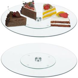 Relaxdays - Tortenplatte 2er Set, 360° drehbar, ∅ 30 cm, zum Servieren & Dekorieren, runde Kuchenplatte, Glas, transparent