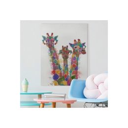 Bilderdepot24 Leinwandbild Kinderbild Tiere Brille Regenbogen Giraffen bunt Bild auf Leinwand XXL