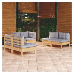 furnicato Garten-Essgruppe 6-tlg. Garten-Lounge-Set mit Grauen Kissen Kiefer Massivholz