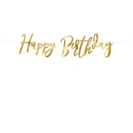 partydeco Wimpelkette, Happy Birthday Schriftzug Girlande 16x62cm gold metallic