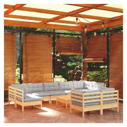 furnicato Garten-Essgruppe 10-tlg. Garten-Lounge-Set mit Grauen Kissen Kiefer Massivholz