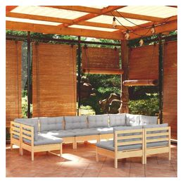 furnicato Garten-Essgruppe 9-tlg. Garten-Lounge-Set mit Grauen Kissen Kiefer Massivholz