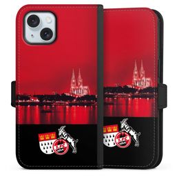 DeinDesign iPhone 15 Handy Klapph&uuml;lle Handyh&uuml;lle aus Kunst Leder schwarz Flip Case 1. Fc K&ouml;ln Skyline Official Licensed Product Sideflip mit Lasche