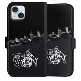 DeinDesign iPhone 15 Handy Klapph&uuml;lle Handyh&uuml;lle aus Kunst Leder schwarz Flip Case Skyline Official Licensed Product 1. Fc K&ouml;ln Sideflip mit Lasche