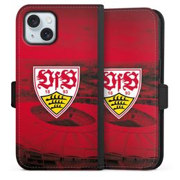 DeinDesign iPhone 15 Handy Klapph&uuml;lle Handyh&uuml;lle aus Kunst Leder schwarz Flip Case Vfb Stuttgart Official Licensed Product Stadium Sideflip mit Lasche