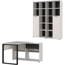 Germania Büro-Set Fenton, (3-St), inkl. Schreibtisch mit integriertem Sideboard und zwei Aktenschränken, beige|schwarz