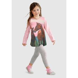 Arizona Shirt & Leggings für kleine Mädchen (Set, 2-tlg) mit Pferde-Motiv, grau|rosa