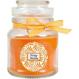 Duftkerze mit Schriftzug Honigmelone im Bonbon Glas, 120g Wachs - Brenndauer ca.: 30 Stunden, Kerze im Glas in Geschenkverpackung - Orange