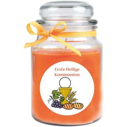Duftkerze im Bonbonglas zur Kommunion, Duft: Honigmelone ( Orange ), 500g - Brenndauer bis zu 110 Stunden, Kerze aus Glas mit Duft - Orange