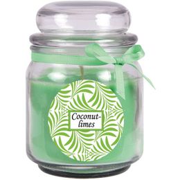 Duftkerze mit Schriftzug Coconut-Limes im Bonbon Glas, 300g Wachs - Brenndauer ca.: 70 Stunden, Kerze im Glas in Geschenkverpackung - Grün