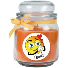 Dankes-Duftkerze im Bonbonglas Danke, Duft: Honigmelone ( Orange ), 300g - Brenndauer bis zu 70 Stunden, Kerze aus Glas mit Duft - Orange