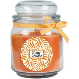 Duftkerze mit Schriftzug Honigmelone im Bonbon Glas, 300g Wachs - Brenndauer ca.: 70 Stunden, Kerze im Glas in Geschenkverpackung - Orange