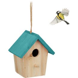 Deko Vogelhaus, Holz, Vogelhäuschen zum Aufhängen, hbt: 16 x 15 x 11 cm, Vogelvilla Garten, Balkon, natur/blau - Relaxdays