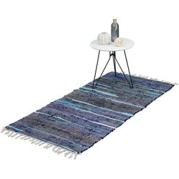 Relaxdays - Flickenteppich, 70 x 140 cm, handgewebt, rutschfest, Fußbodenheizung geeignet, Fransenteppich, Baumwolle, blau