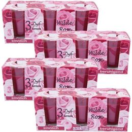 Hs Candle - Duftkerzen Classic 12er Pack im Glas, lange Brenndauer und angenehmer Duft ( Wilde Rose ) - Rosa