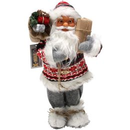 Design Decoration - Weihnachtsmann 40 cm grau weiß mit Paket Geschenk xmas - rot gemustert mit Pelzimitat