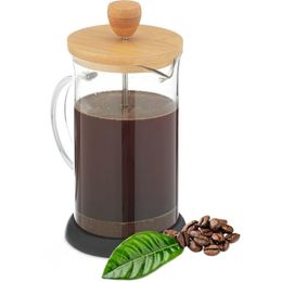 Kaffeebereiter, manuelle Stempelkanne, Siebeinsatz, 600 ml, Glas, Bambusdeckel, Teebereiter, transparent/natur - Relaxdays