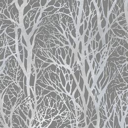 Baum Tapete grau silber Wald Vliestapete mit Bäume Design für Flur und Schlafzimmer Graue Vlies Baumtapete ideal für Diele - Silver, Grey