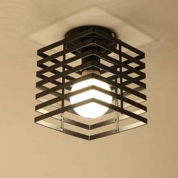 Ceiling Light 16 cm Industrial Design Cube Cage Lampshade Made of Iron Vintage Lamp E27 Ceiling Light for Bedroom Kitchen Hallway (Black)