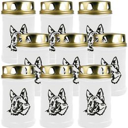 Hs Candle - Grabkerze - 9er Pack - Grablicht mit Tier-Motiv ( Hund Schäferhund ) - ca 40h Brenndauer je Kerze ( 12cm, ø 6cm ) - viele versch. Designs