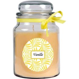 Duftkerze mit Schriftzug Vanille im Bonbon Glas, 500g Wachs - Brenndauer ca.: 110 Stunden, Kerze im Glas in Geschenkverpackung - Gelb