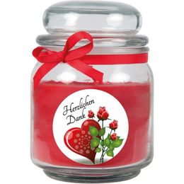 Dankes-Duftkerze im Bonbonglas Danke, Duft: Rose ( Rot ), 300g - Brenndauer bis zu 70 Stunden, Kerze aus Glas mit Duft - Rot