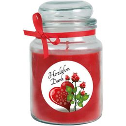 Dankes-Duftkerze im Bonbonglas Danke, Duft: Rose ( Rot ), 500g - Brenndauer bis zu 110 Stunden, Kerze aus Glas mit Duft - Rot
