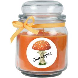 Duftkerze im Bonbonglas Viel Glück, Duft: Honigmelone ( Orange ), 300g - Brenndauer bis zu 70 Stunden, Kerze aus Glas mit Duft - Orange