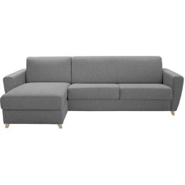 Miliboo Schlaf-Ecksofa mit Stauraum 4-Sitzer grauer Stoff und helles Holz anpassbar graham - Hellgrau