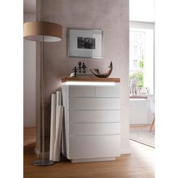 Lomadox Kommode Highboard weiß ROSARNO-05 in weiß matt lackiert mit Eiche massiv geölt und Beleuchtung, b/h/t: ca. 73/114/40 cm - braun