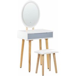 Beliani Frisiertisch-Set Weiß und Grau Holzplatte Holzbeine runder LED-Spiegel - Weiß