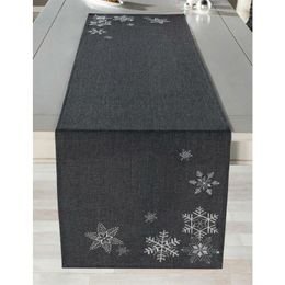 Tischläufer in edlem grau mit Stickerei Eiskristall in silber, 40x140 cm