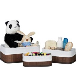 Relaxdays 3 x Aufbewahrungskorb Bambus Stoffbezug, Regalkorb rechteckig, Bad, Accessoires, Spielzeug, Allzweckkorb 3 Größen, braun