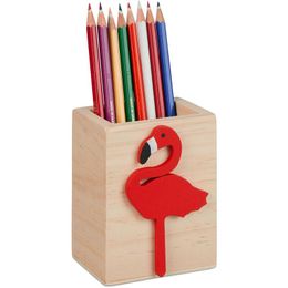 Stiftehalter Flamingo, Holz, HxBxT: 10 x 8 x 6 cm, Kinder Stiftebox für Schreibtisch, Pinselhalter, natur/rot - Relaxdays
