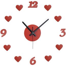Relaxdays Wanduhr DIY, Wohnzimmeruhr mit Herzen & Zahlen, Ø 50-100 cm, Wandtattoo Uhr zum Kleben, 3D-Uhr Wand, rot