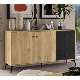 Lomadox Sideboard Wohnzimmer 160 cm ARONA-131 in Castello Eiche Nb. mit schwarz, b/h/t: ca. 160/85/40 cm - braun