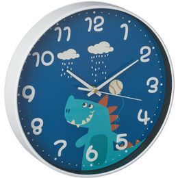 Wanduhr Dinosaurier, ø 29,5 cm, Dino Uhr für Kinder, Kinderzimmeruhr Jungen & Mädchen, Kinderuhr Wand, blau - Relaxdays