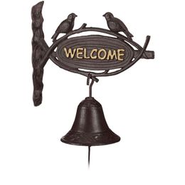 Türglocke Gusseisen welcome, Antik-Stil, goldene Buchstaben, Schild mit Vögeln, Haustür & Garten, dunkelbraun - Relaxdays