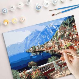 K&L WALL ART Malen nach Zahlen Komplett Set Acrylfarbe Pinsel In den Bergen 50x40cm Landschaft Leinwandbild ausmalen - blau