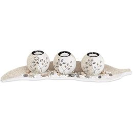 Teelichthalter Set, Blattschale, Deko Sand, Kieselsteine, Kerzenhalter, stimmungsvolle Tischdeko, beige-weiß - Relaxdays