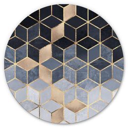 K&L WALL ART Alu-Dibond-Poster Rund Metalloptik Wandbild Blaue Geometrie Formen Gold Deko Fredriksson Ø 20cm - blau