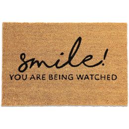 Fußmatte Smile, Kokosfaser, rutschfeste Türmatte, HxBxT: 1,5 x 60 x 40 cm, Schmutzfangmatte, natur/schwarz - Relaxdays