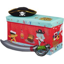 Sitzbox Kinder, faltbare Aufbewahrungsbox mit Stauraum, Deckel, Piratenmotiv, Jungen & Mädchen, 50 Liter, rot - Relaxdays