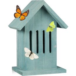 Relaxdays - Schmetterlingshaus hängend, Insektenhotel für Garten, Balkon, Distelfalter, HxBxT: 25,5 x 18,5 x 12 cm, türkis