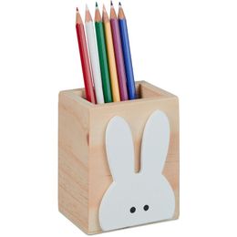 Relaxdays - Stiftehalter Hase, Holz, HxBxT: 10 x 8 x 6 cm, Kinder Stiftebecher für Schreibtisch, Pinselhalter, natur/weiß