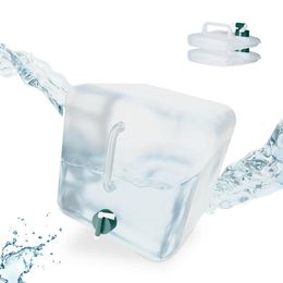 Faltbarer Wasserkanister, 3er Set, 20 l, Kanister mit Zapfhahn, BPA-frei, lebensmittelecht, transparent/grün - Relaxdays