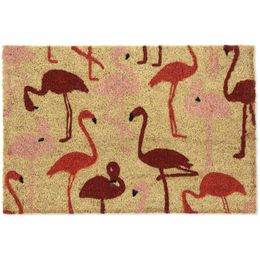 Fußmatte Kokos, Türvorleger mit Flamingos, 40 x 60 cm, rutschfest, Fußabtreter für innen & außen, natur/rot - Relaxdays